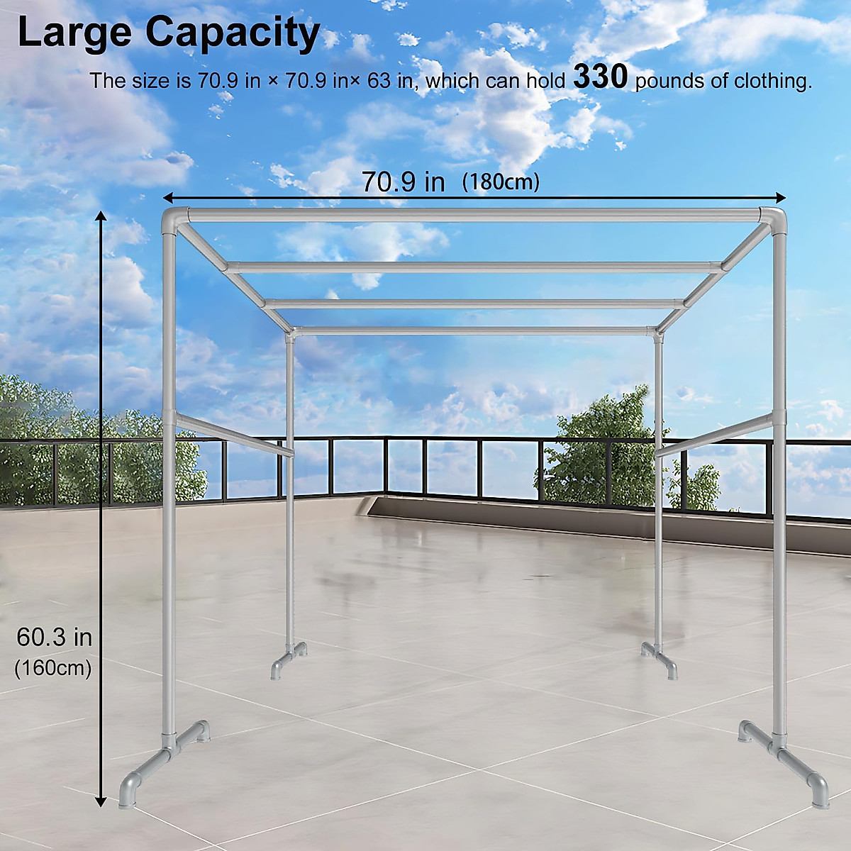ZGGJZKV Outdoor Clothes Drying Rack with Adjustable Rods, 330Lbs Capacity Heavy Duty Laundry Drying Hanger, Household Floor Standing Clothing Airer with Windproof Hooks and Clips (70.9"×70.9"×63")