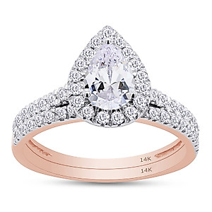 SAVEARTH DIAMONDS 14K Solid Rose Gold PearLab Grown Diamond Halo Bridal Wedding Ring Band Set 1 Cttw Jewelry For Women (Color-G-H,Clarity-VS-SI) - 5.5