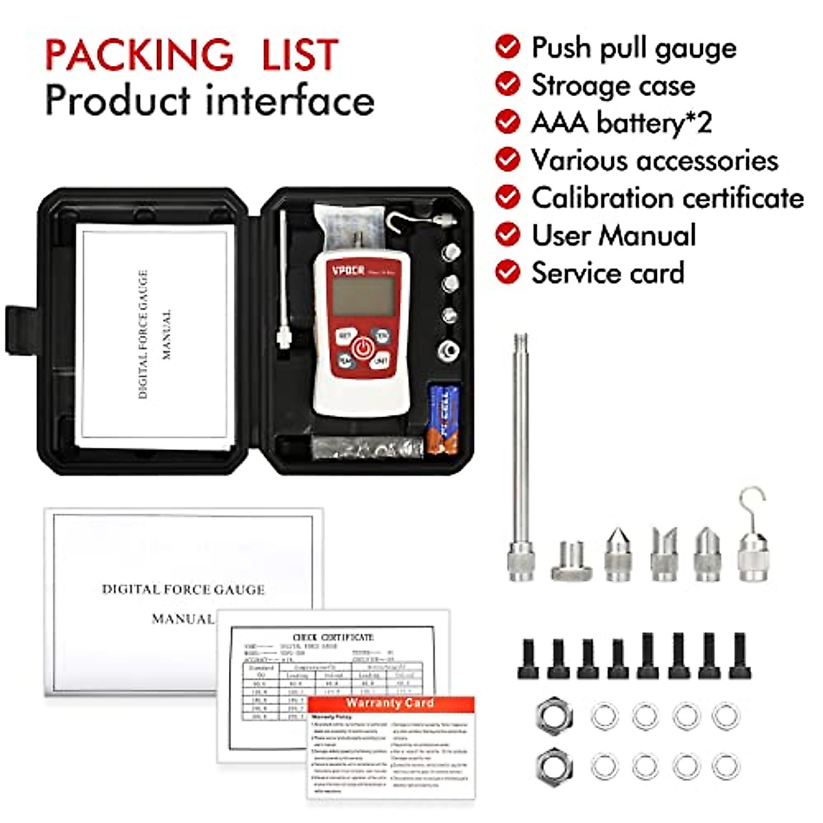 VPOER Digital Force Gauge Push Pull Gauge Tester Portable Force Meter with Maximum Load Value 500N 50kg 110Lb 1800Oz Auto Backlit LCD, Auto Power-Off (VDFG-500N)