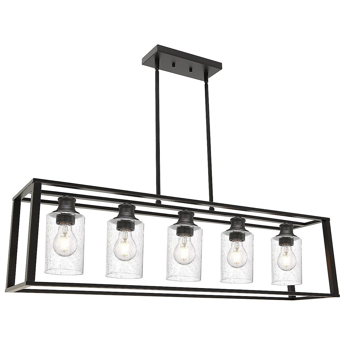 Wanluce Rectangular Chandelier for Dining Room 5 Light Matte Black Lights Fixtures with Glass Shade Farmhouse Linear Industrial Modern Hanging Lighting