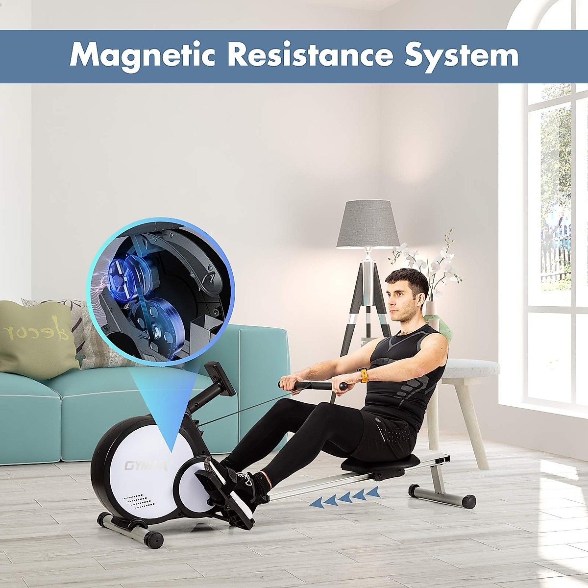 GYMAX Magnetic Rowing Machine, 16-Level Resistance Adjustable Rower with LCD Monitor, Heart Rate Sensor for Cardio Exercise, Home Gym Workout