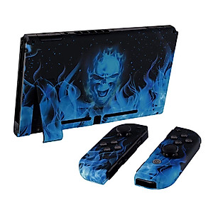 eXtremeRate DIY Replacement Shell Buttons for Nintendo Switch, Soft Touch Back Plate for Switch Console, Custom Housing Case with Full Set Buttons for Joycon Handheld Controller - Blue Flame Skull