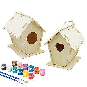 Yitokmc 2 Set Unfinished Wooden Birdhouses Kit for Children to Build and Paint Bird House Kids DIY Arts Crafts Kits Bird Feeder Kit for Girls Boys Toddlers