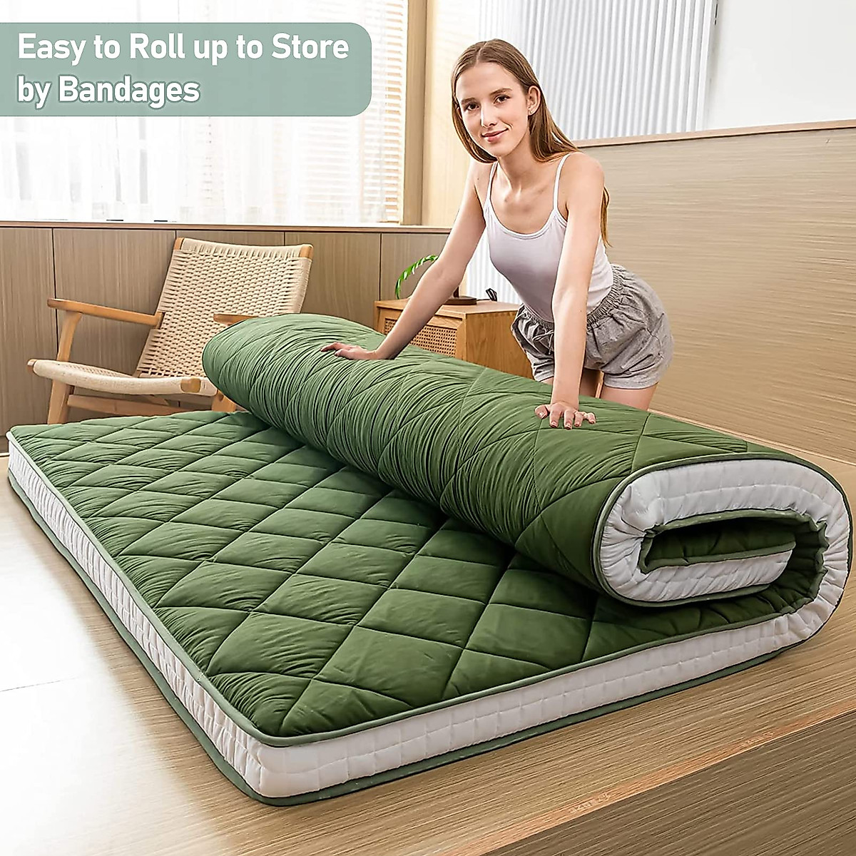 MAXYOYO Japanese Floor Futon Mattress Full Size, Floor Couch for Adults Roll Up Folding Floor Bed Portable Mattress Foam Mattress Queen, Diamond Patterned Japanese Futon Bed, Green