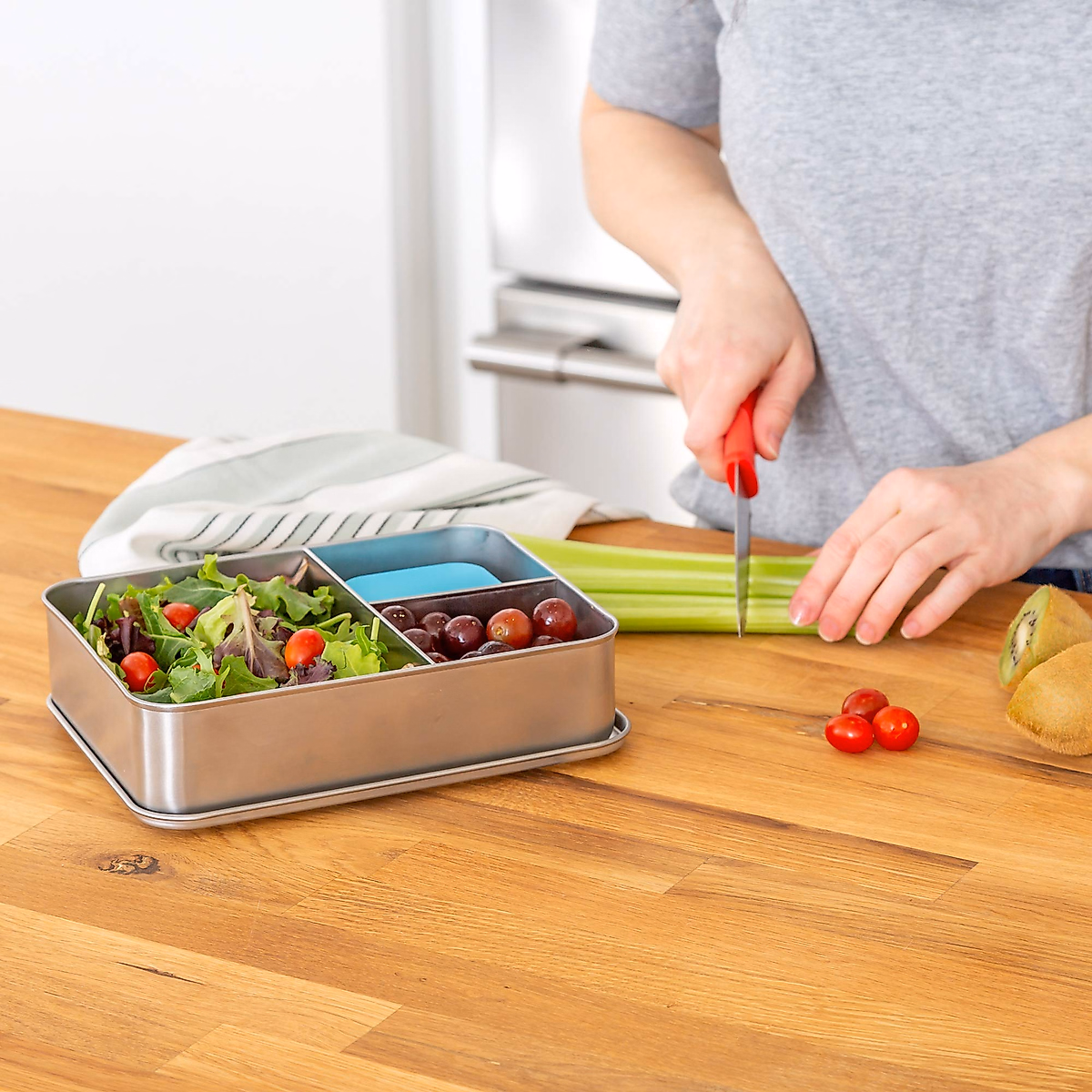 WeeSprout 18/8 Stainless Steel Bento Box (Large) - 3 Compartment Metal Lunch Box, Skid-proof Silicone, for Kids & Adults, Bonus Dip Container, Fits in Lunch & Work Bags, Dishwasher & Freezer Friendly