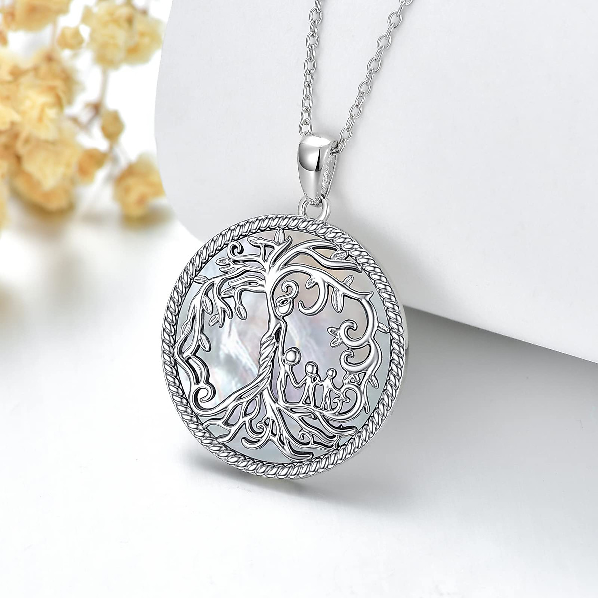 TOUPOP Mother of 3 Child Necklace Sterling Silver Family Tree of Life Mom 3 Son Pendant Necklace with Mother of Pearl Birthday Anniversary Christmas Mothers Day Jewelry Gifts for Women Mom Mother