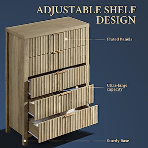 5 Drawers Dresser for Bedroom, 44 Inches Tall Modern Bedroom Dressers, Chest of Drawers for Bedroom, Fluted Dresser for Closet Organizer for Living Room, Hallway, Entryway (Sunwashed Ash Oak)