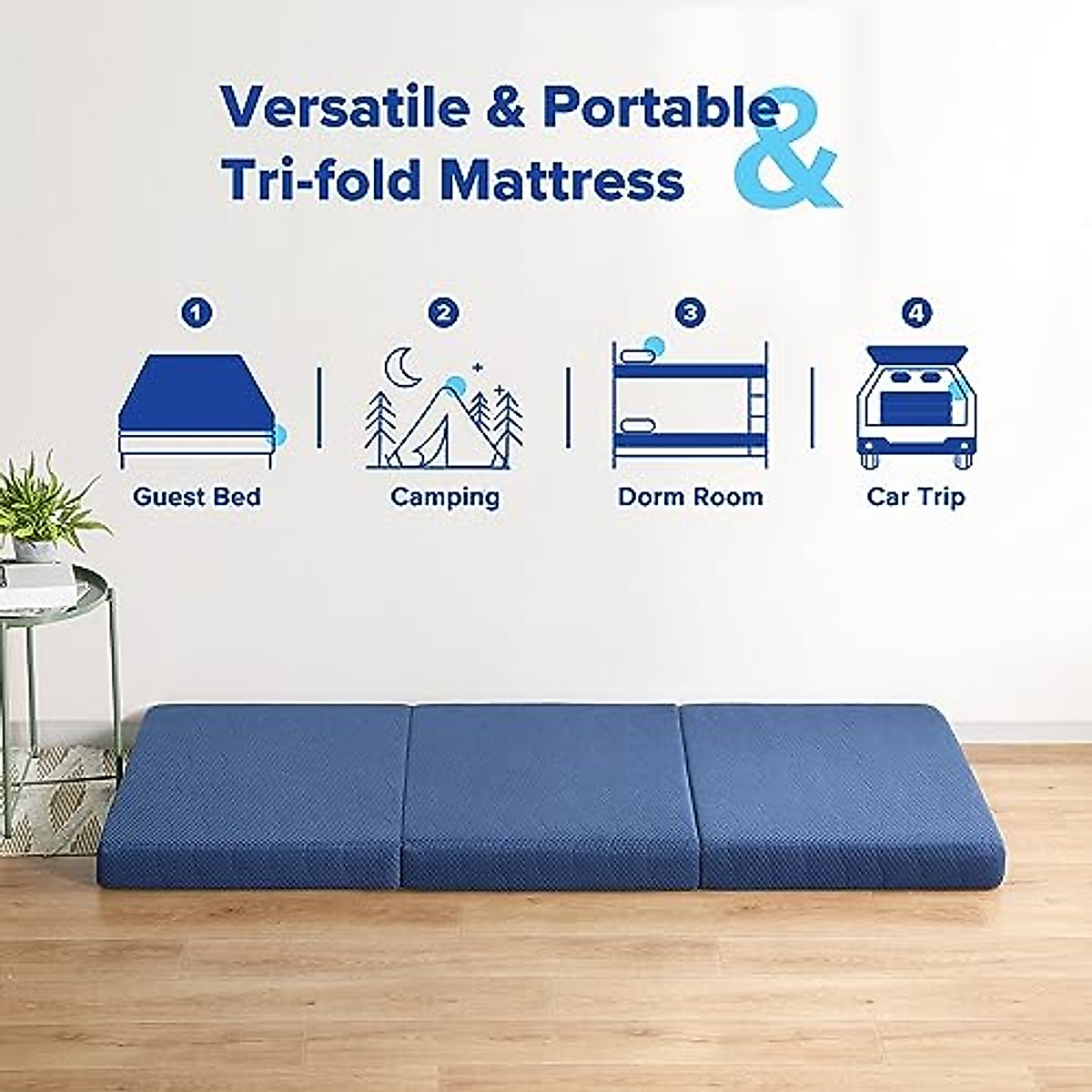 Olee Sleep Tri-Folding Memory Foam Mattress Topper, 4 Inch Gel Folding Mattress for Camping, Foldable Guest Bed, CertiPUR-US Certified, Soft, Blue, Twin Size