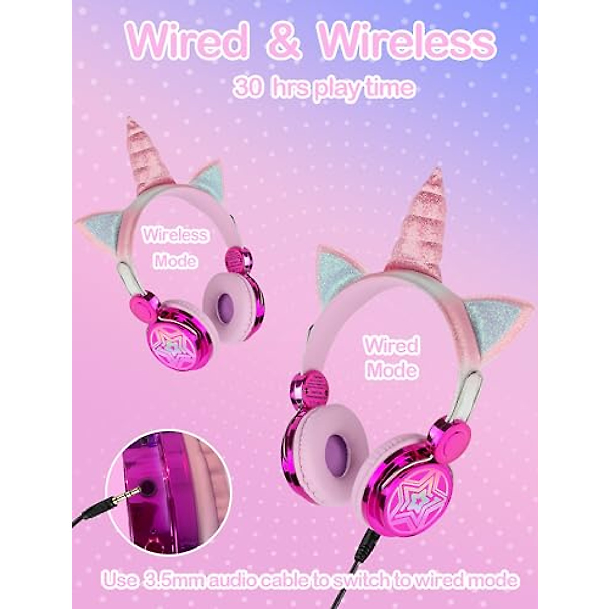 charlxee 𝟐𝟎𝟐𝟑 𝐍𝐞𝐰 Unicorns Kids Wireless Headphones with LED Lights,Headsets with Mic for School,30H Playtime,95dB Volume Limited,HD Stereo On/Over Ear Headsets,Unicorns Gifts(Hot-Pink)