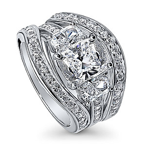 BERRICLE Sterling Silver 3-Stone Wedding Engagement Rings Cushion Cut Cubic Zirconia CZ Ring Set for Women, Rhodium Plated Size 7