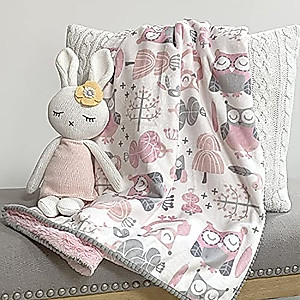 Levtex Baby - Night Owl Pink Plush Blanket - Tossed Owls and Trees on Soft Plush with RIC Rac Trim - Pink, Grey, White - Nursery Accessories - Blanket Size: 30 x 40 in.