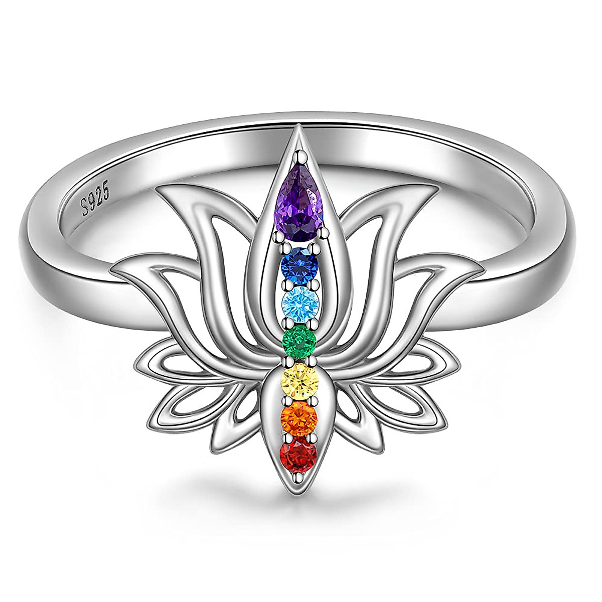 Jewlikee Lotus Ring 7 Chakra Rings for Women Sterling Silver Lotus Flower Yoga Energy Balance Chakras Jewelry Meditation Anxiety Relief Size 7