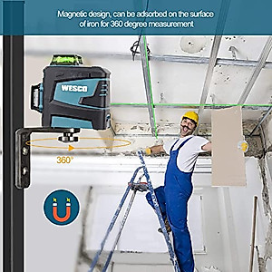 Self-Leveling Laser Level, WESCO 3 x 360° 3D Green Laser Level, 65ft Cross Line Laser Tool, Three-Plane Leveling and Alignment Laser Level Tool with Laser Class ll, 1mW