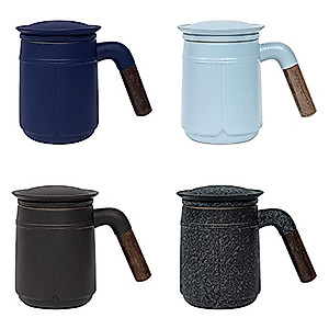 Fosenw Ceramic Tea Mug,Chinese Tea Cup with Lid,Sandalwood Handle and Infuser for Filtering Loose Tea Leaves,12 oz (Bluestone)
