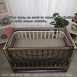 Crib net Crib Tent with Sewn in Storage Pouch, Baby Mosquito net for Crib, Pack N Play, Playpen/Stroller, 3 Sides Zipper Opening, 2 Luminous Zipper Head, Elastic Edges, Easy Attach and Remove, Black