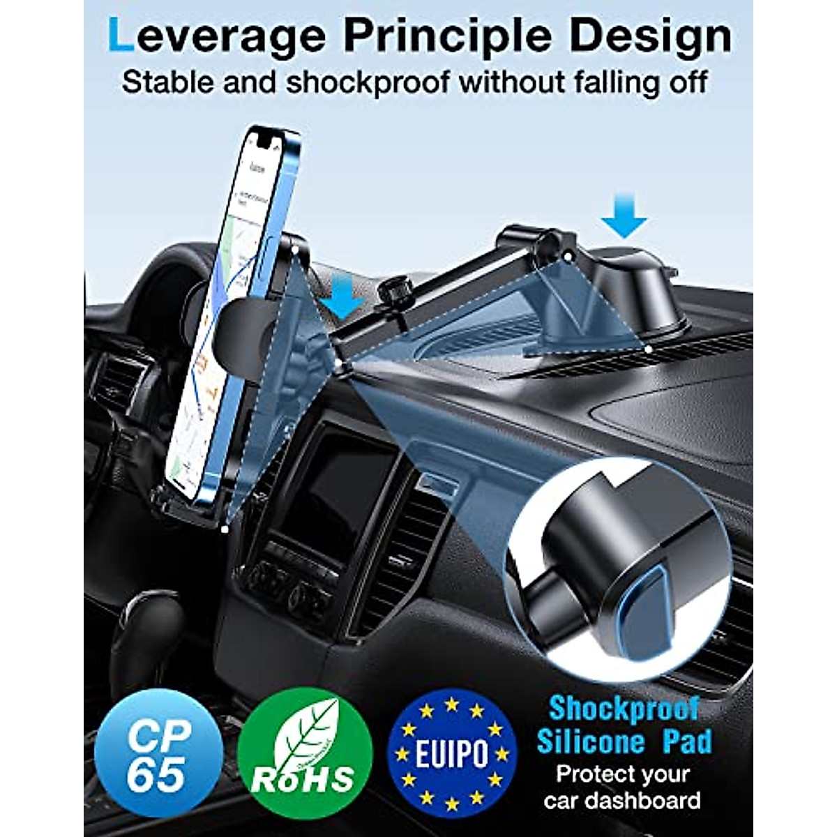 HTU Cell Phone Holder for Car [Powerful Suction Cup Never Fall] Universal Car Phone Holder Mount for Dashboard Windshield Air Vent Long Arm Cell Phone Car Mount Thick Case Heavy Phones Friendly