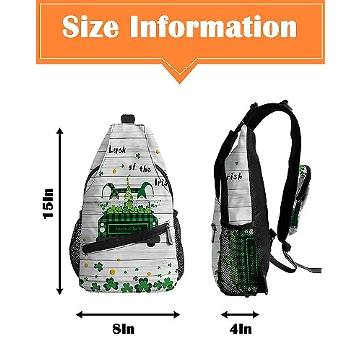 Gsypo Sling Backpack, St. Patrick's Day Luck of The Irish Truck Shamrock and Dwarf Wood Waterproof Lightweight Small Sling Bag, Travel Chest Bag Crossbody Shoulder Bag Hiking Daypack for Women Men