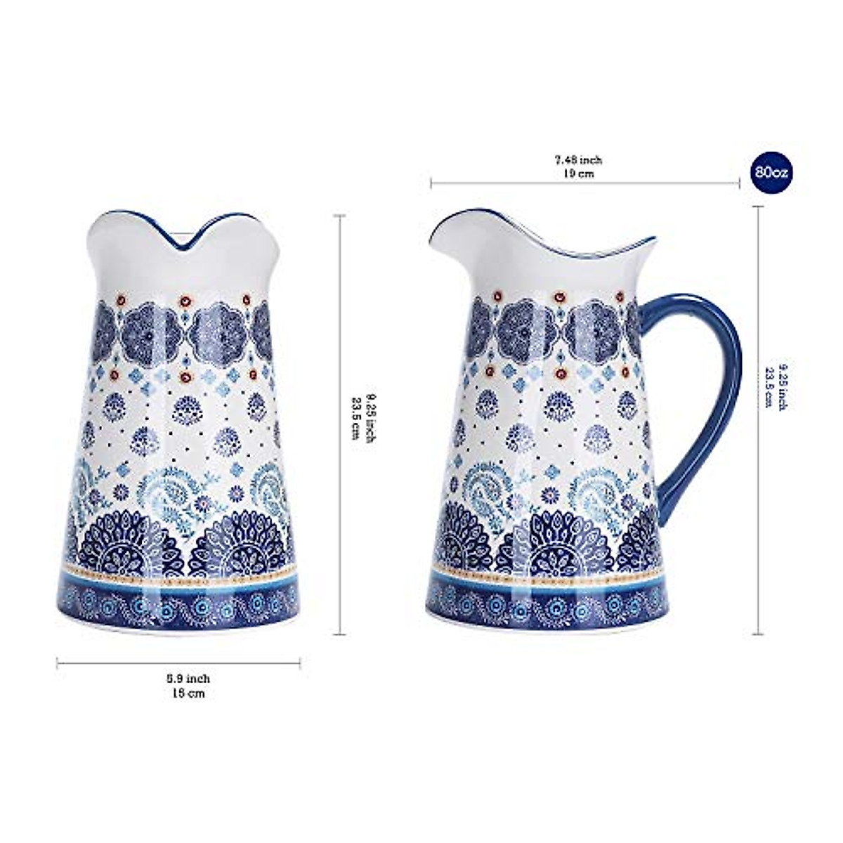 Bico Blue Talavera Ceramic 2.5 Quarts Pitcher with Handle, Decorative Vase for Flower Arrangements, Dishwasher Safe