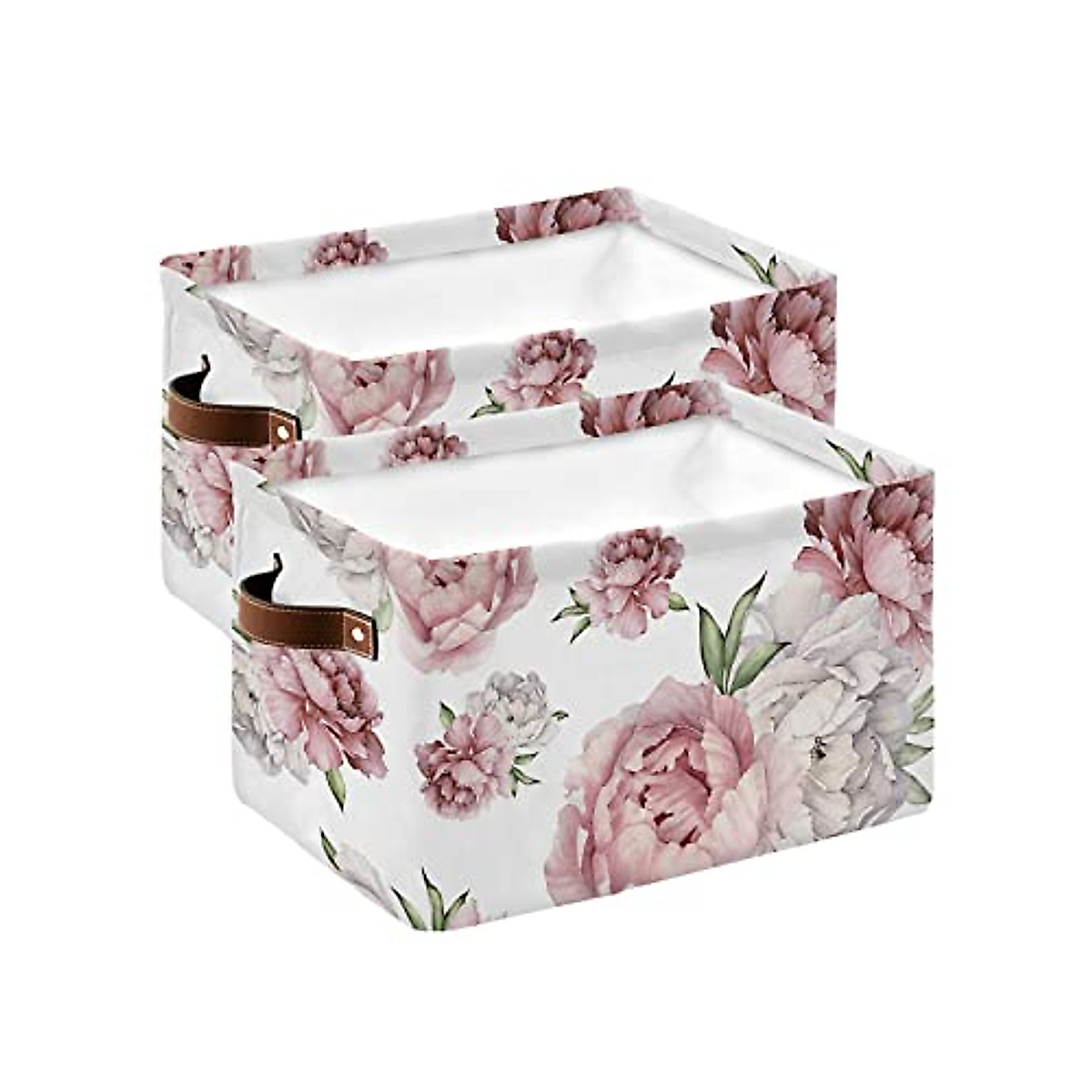 Spring Floral Storage Bins 2 Pack, Large Waterproof Storage Baskets for Shelves Closet, Farmhouse Pink Summer Flowers White Storage Basket Foldable Storage Box Cube Storage Organizer with Handles