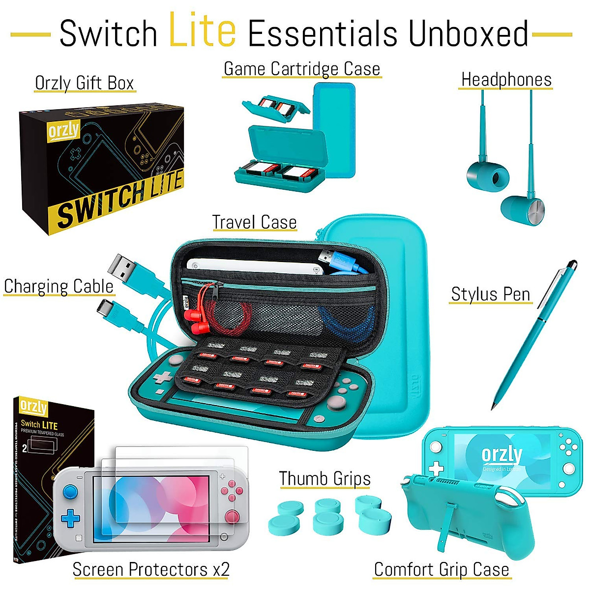 Orzly Switch Lite Accessories Bundle - Case & Screen Protector for Nintendo Switch Lite Console, USB Cable, Games Holder, Grip Case, Headphones, Thumb-Grip Pack & More (Gift Pack - Turquoise Blue)