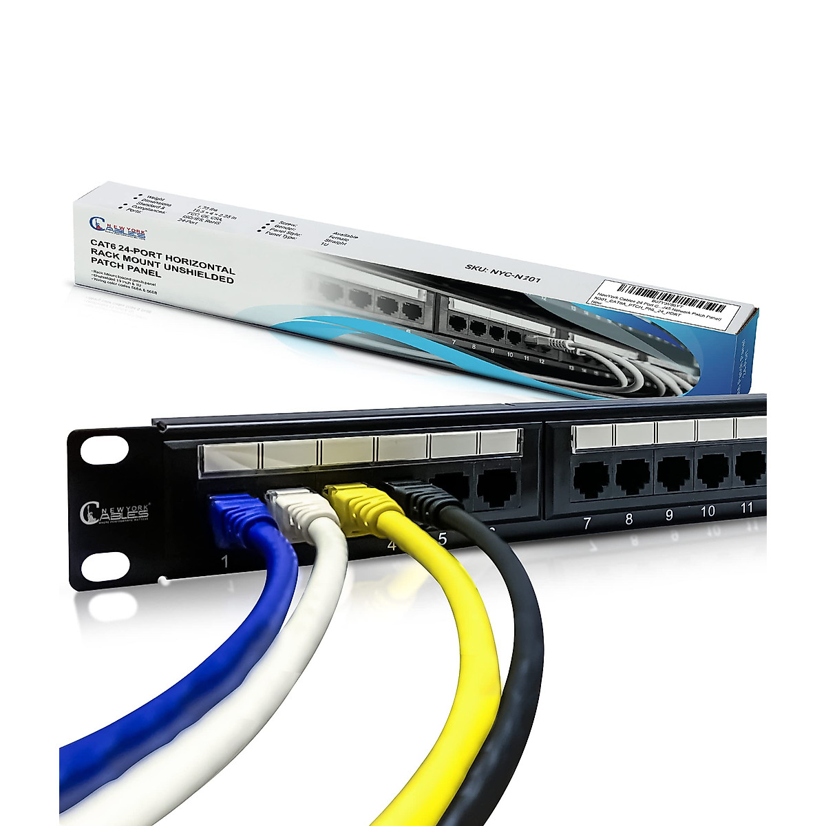 NewYork Cables® Cat6 24 Port Patch Panel – 19 Inch, 1U Patch Panel for Easy Rack Mount or Wall Mount, Clear Labeling & Exceptional Durability – Cat6 Patch Panel Compatible with Cat5e & Cat6 Cables