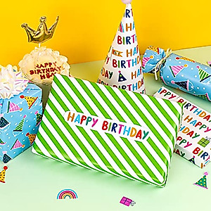 WRAPAHOLIC Birthday Wrapping Paper Roll - Mini Roll - 3 Rolls - 17 Inch X 120 Inch Per Roll - Happy Birthday Lettering and Stripe for Kid's Birthday, Baby Shower
