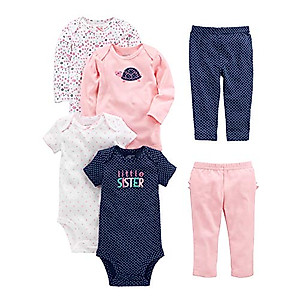 Simple Joys by Carter's Baby Girls' 6-Piece Bodysuits (Short and Long Sleeve) and Pants Set, Multicolor/Dots/Floral/Hearts/Turtle, 6-9 Months