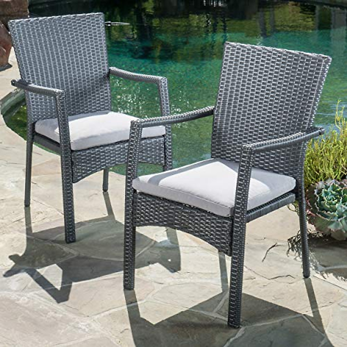 Christopher Knight Home Corsica Outdoor Wicker Dining Chairs with Cushions, 2-Pcs Set, Grey
