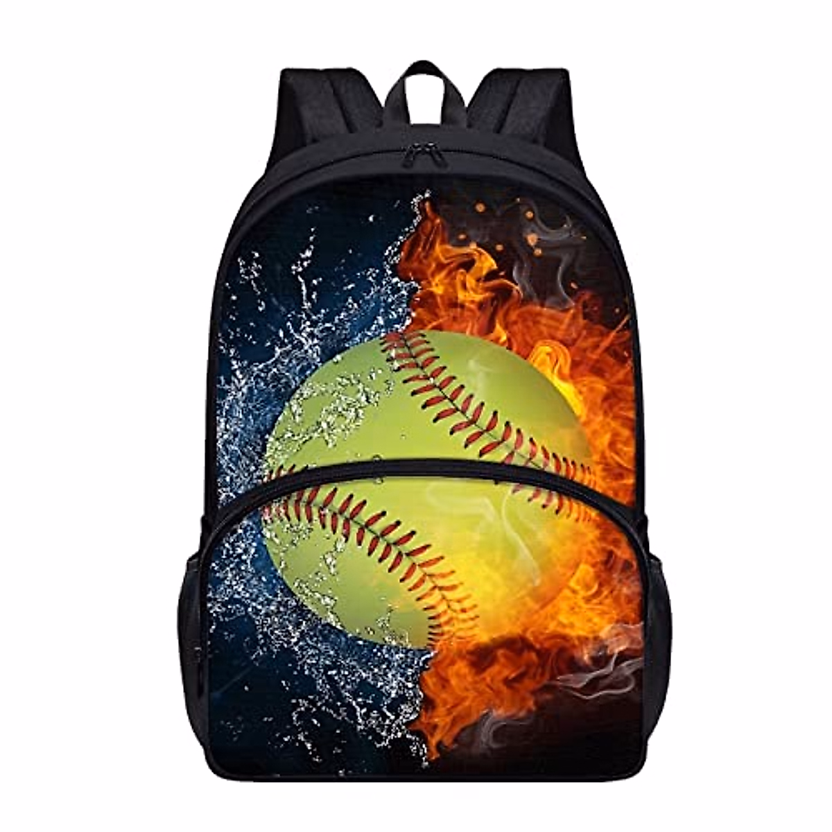 Talayituse Softball Print School Shoulder Bag for Teen Girls Boys Water and Fire Design Bookbag Backpack with Front Zipper Pocket