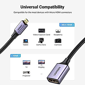 UGREEN Micro HDMI to HDMI Adapter, Micro HDMI to Female HDMI Aluminum Portable Cable HDMI Adapter Supports 4K 3D 1080P, Compatible with GoPro Hero 7 Raspberry Pi 4 Sony A6000 Camera Nikon B500, 8 Inch