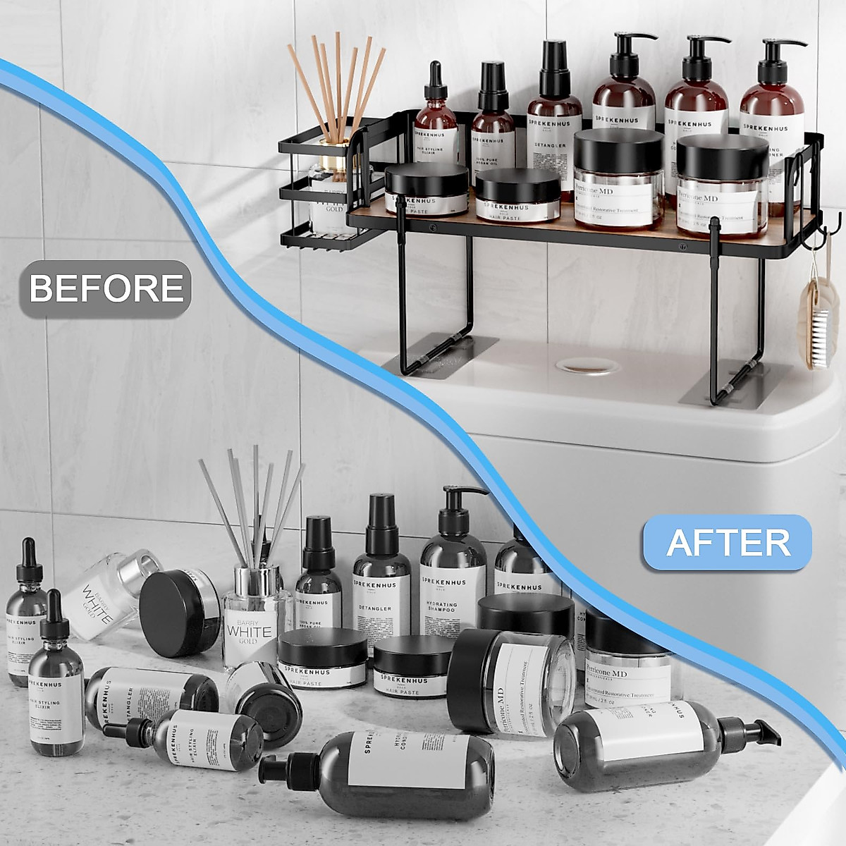 Over The Toilet Storage, Over Toilet Shelf Organizer, Bathroom Organizer Over Toilet with Removable Basket Paper Holder, Above Toilet Storage with Non-Trace Adhesive, No Drilling Toilet Organizer