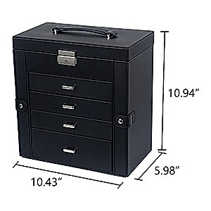 Kendal Large Black Leather Jewelry Box with Lock and Key, 5-Layer Watch Jewelry Organizer for Men with Mirror, Jewelry Storage, Jewelry Case, Bracelets Necklace Holder, Valentine GiftS for Women