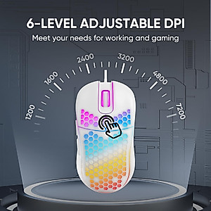 MELOGAGA Honeycomb Wired Gaming Mouse, USB/USB-C PC Game Mice with RGB Backlight, 6 Programmable Buttons, 6 Adjustable DPI Up to 7200 for Windows/PC/Mac/Laptop Gamer -White