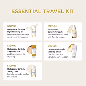 SKIN1004 Madagascar Centella Travel Kit | Toner, Ampoule, Soothing Cream, Cleansing Oil, Ampoule Foam | Basic Skincare Box | Compact Size | Soothing Calming