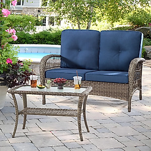 Joyside Patio Wicker Furniture Set - 2 Pieces Patio Conversation Set with One Love Seat & One Coffee Table, All Weather Resin Rattan Sofa & Table with Olefin Cushions for Patio(Brown/Blue)