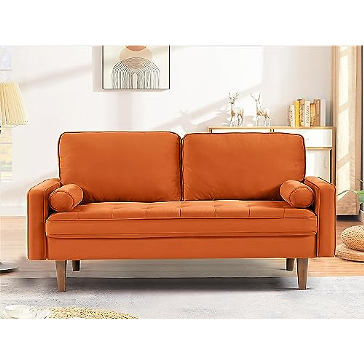 Container Furniture Direct Velvet 58" Loveseat Sofa Couch for Living Room, Classic Mid-Century Style with Modern Silhouette, Button Tufting and Wood Legs, Includes 2 Bolster Pillows, Orange