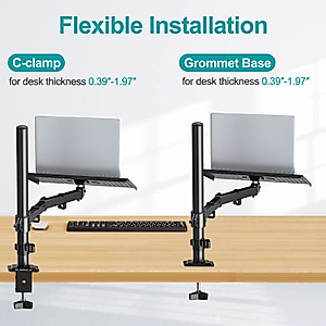 MOUNT PRO Single Laptop Mount with Tray for Laptop up to 17 inches, Holds Up to 17.6lbs, Fully Adjustable Notebook/Laptop Desk Mount Stand, Heavy Duty Laptop Arm Mount with Clamp and Grommet Base