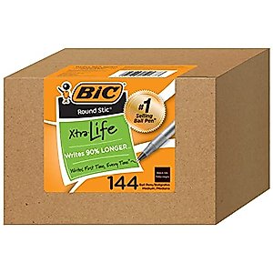 BIC Round Stic Xtra Life Ballpoint Ink Pens, Medium Point (1.0mm), Black Pens, Flexible Round Barrel For Writing Comfort, 144-Count