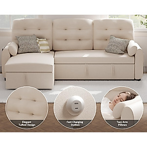 Ucloveria Sectional Sofa Couch, 87" Sleeper Sofa Bed with Reversible Storage Chaise Pull Out Couch for Living Room | Side Pocket | Charging Station | Removable Backrest | Linen Fabric, Beige