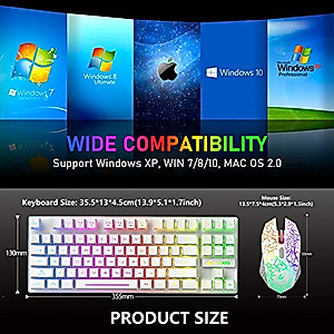 Wireless Gaming Keyboard Mouse and Wrist Rest Set with 87 Key Rainbow Backlight Rechargeable 3800mAh Battery Mechanical Feel Anti-ghosting Ergonomic Waterproof Mute Mice for PC Mac Gamer (White Mix)