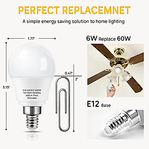 Prosperbiz E12 60W Equivalent LED Light Bulbs, A15 6W Ceiling Fan Light Bulbs Daylight White 5000K, Candelabra Base Globe Shape LED Bulbs, Not Dimmable, 600 Lumen, Pack of 3