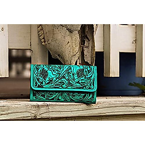 Virginia Handbags Handmade Womens Wallet. Rich and Deep Hand Tooling. (Turquoise)