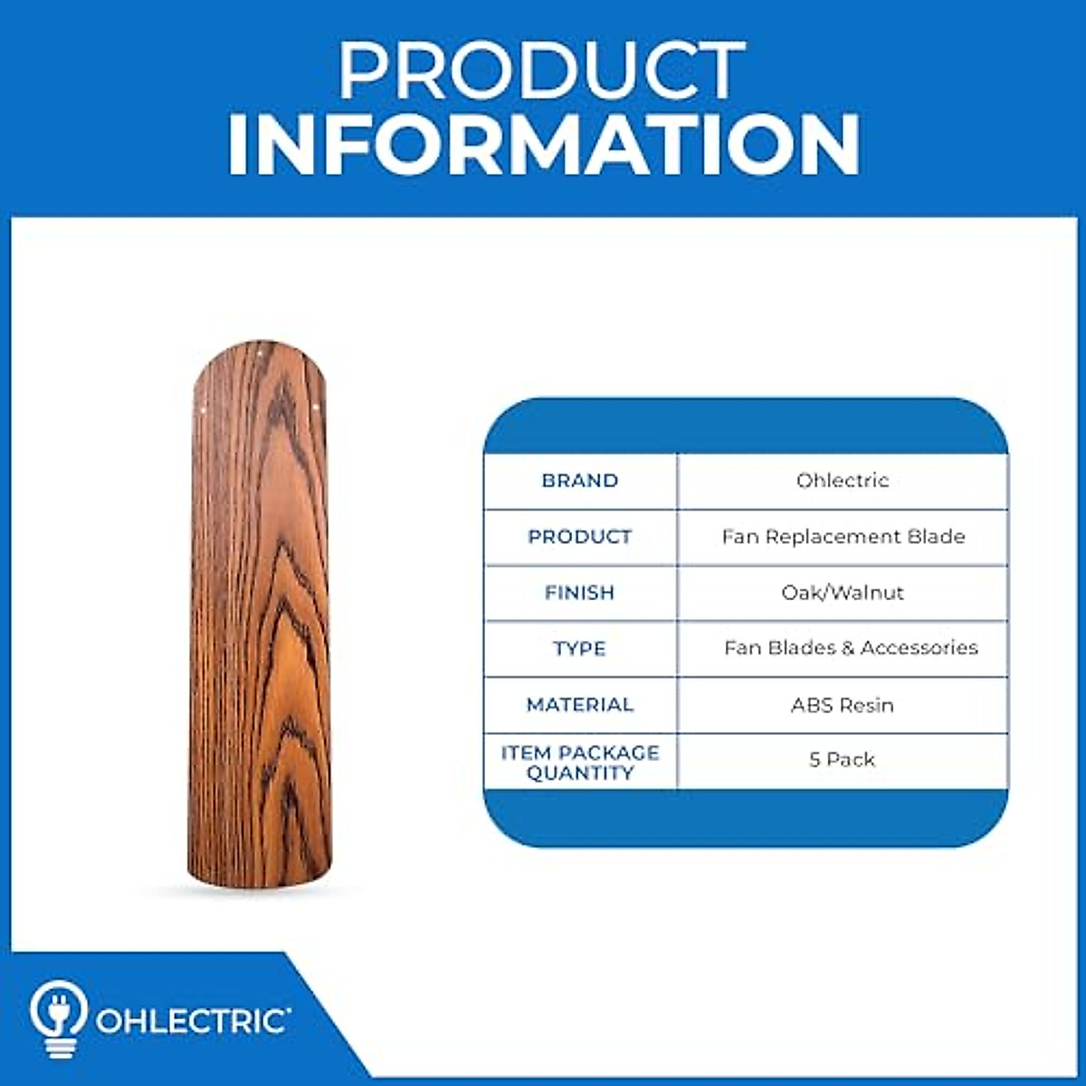 OHLECTRIC 5PCS 16 ½ Inches Fan Blades - Fan Replacement Blades For 42-inch Ceiling Fan - Substitution for Broken Blades - High-Performance Ceiling Fan Blades - Indoor Use, Oak/Walnut - OL-40489