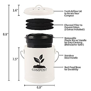 Compost Bin Kitchen Countertop, Indoor Compost Bin with Inner Bucket, 1.3 Gallon Small Compost Bin with Lid, Indoor Composter Bin Counter Compost Pail Food Waste Bin Includes 3pcs Carbon Filter, Cream