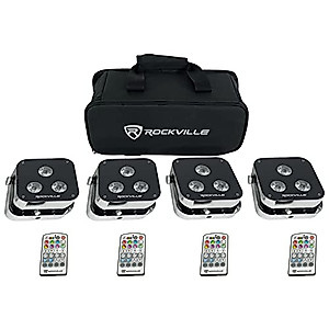 Rockville 4 Pack Mini RF3 Bright DJ Par Up Lights+Bag+RF Remotes+Wireless DMX, Silver