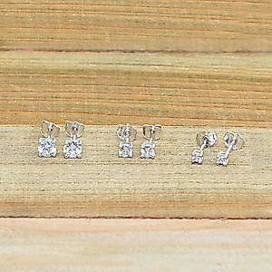 3 Pair Set Sterling Silver Cubic Zirconia Round Stud Earrings, 2mm 3mm 4mm