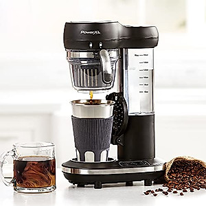 PowerXL Grind & Go, Automatic Single Serve Coffee Maker with Grinder Built-in and 16 oz. Travel Mug, Single Cup Drip Coffee Machine, Stainless Steel Blades, CL-004, Black