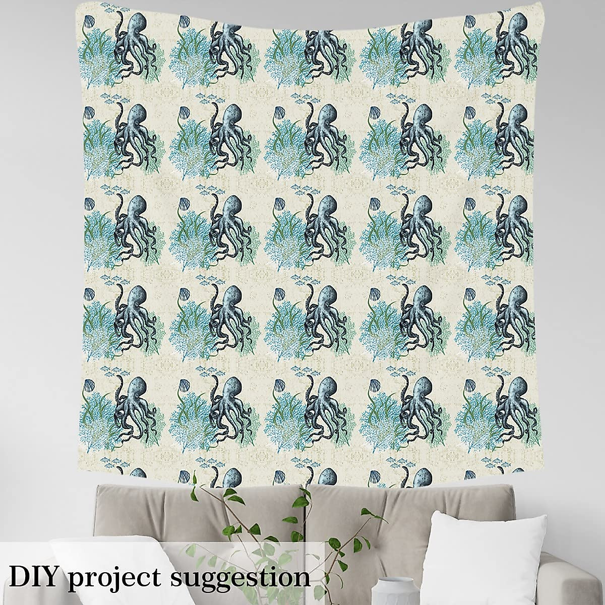 Octopus Fabric by The Yard 1 Yard Kids Ocean Kraken Decorative Waterproof Outdoor Fabric Tentacles Upholstery Fabric for Chairs Sealife Sea Animal Coral Blue Green Outdoor Fabric
