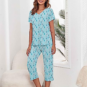 Women Summer Pajamas Soft Sleepwear Top with Capri Pants Ladies ShortSleeve Cotton Pajamas Sets Blue Butterfly Large