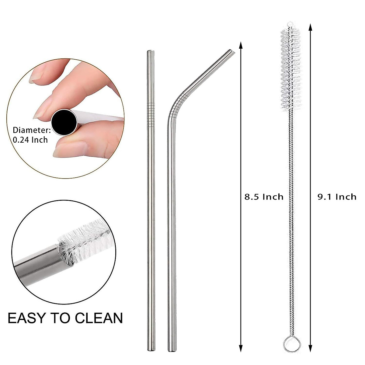 12-Pack Reusable Straws - Metal Straws Dishwasher Safe - Drinking Stainless Steel Straws for 20 oz and 12 oz Tumblers - 2 Cleaning Brushes Included